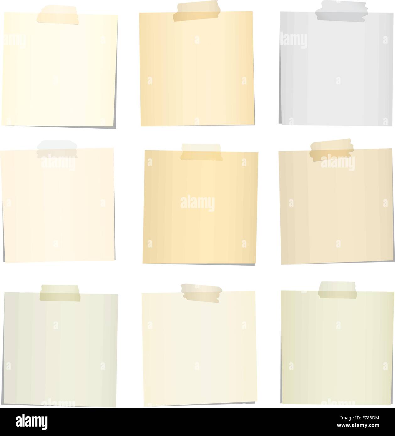 Set of various colorful note papers with adhesive tape on white ...