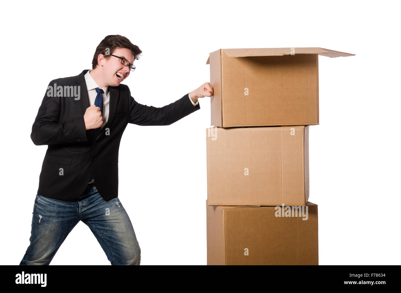 Funny man with boxes isolated on white Stock Photo - Alamy