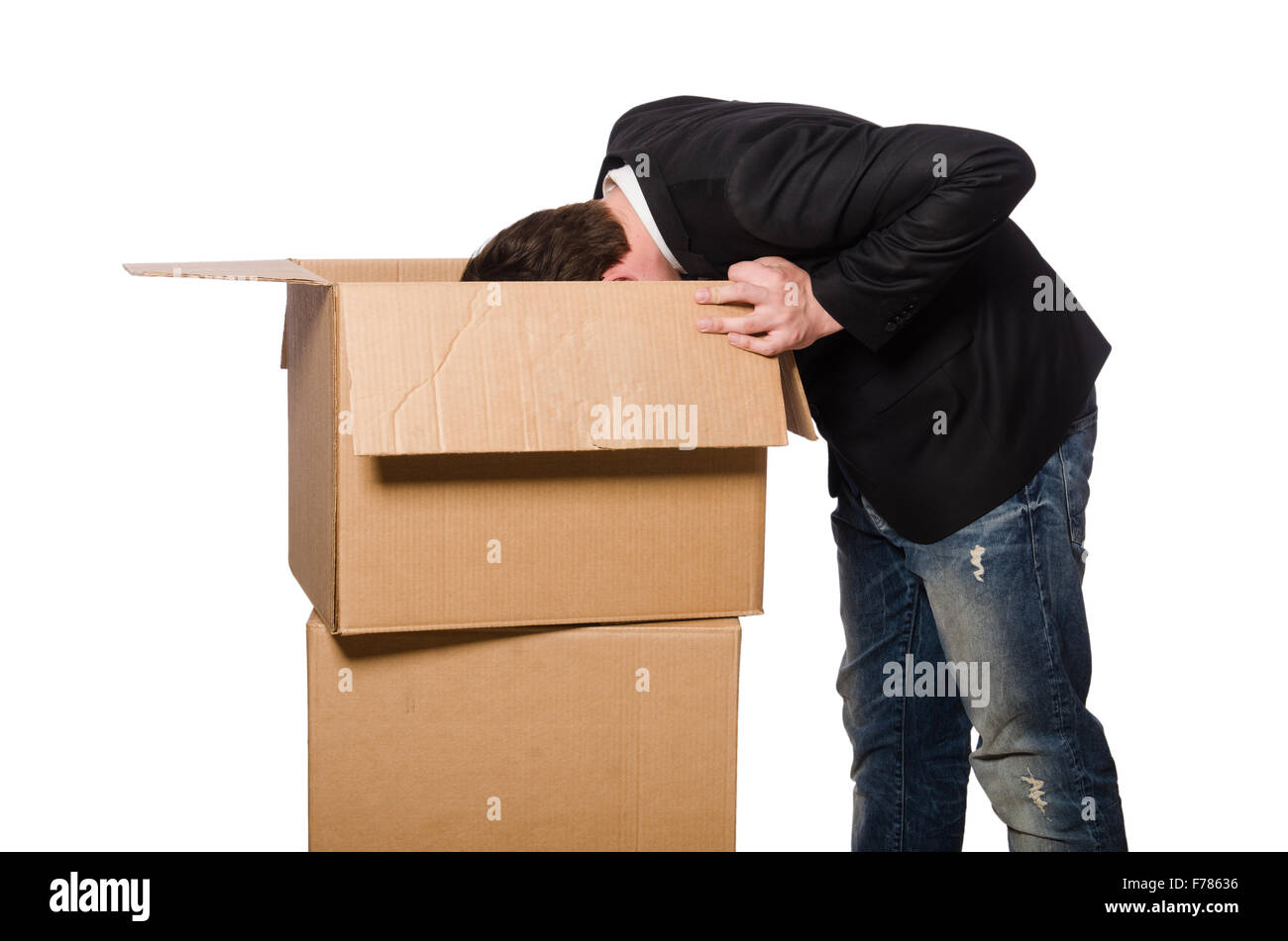 Funny man with boxes isolated on white Stock Photo - Alamy