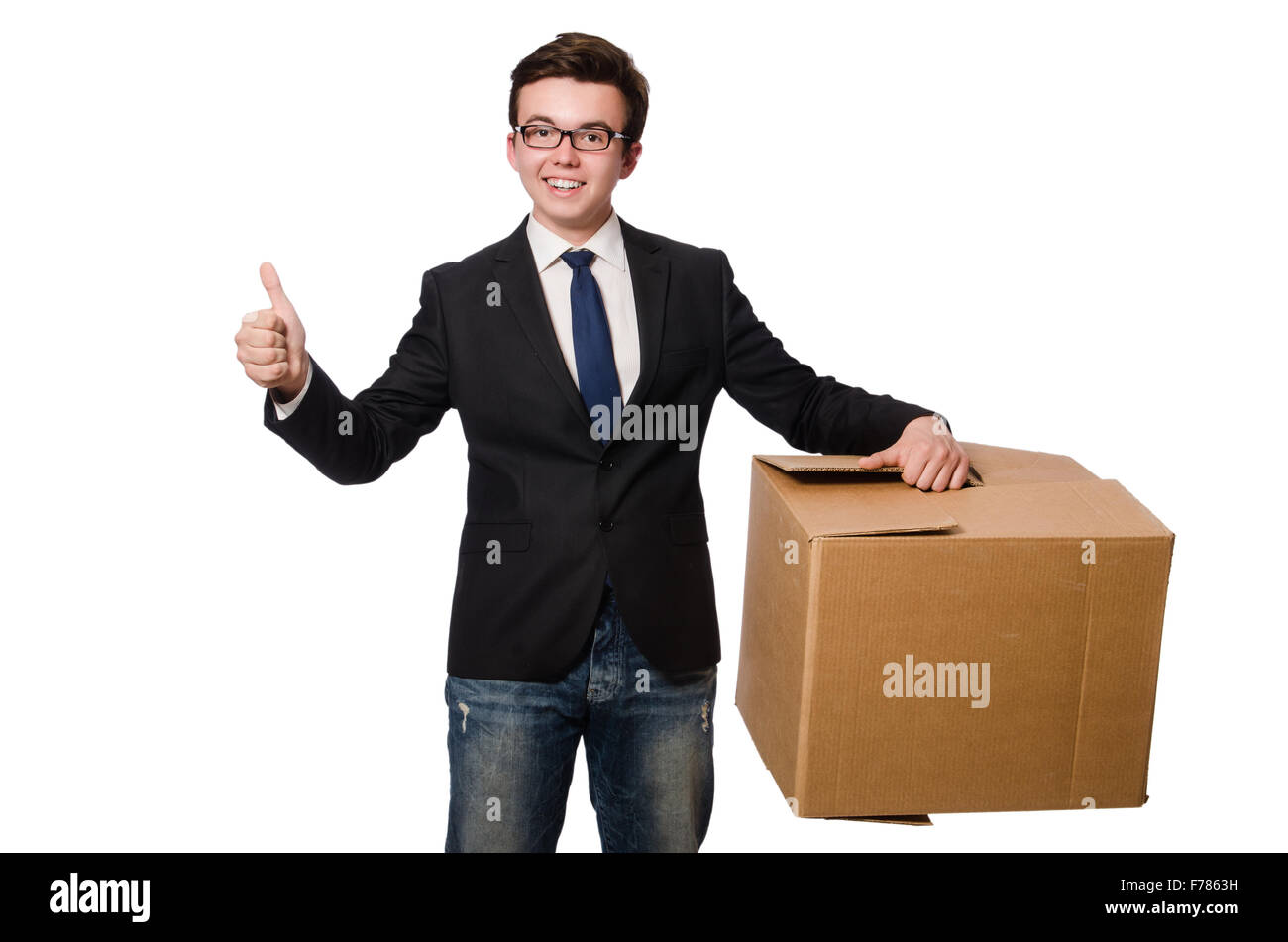 Funny man with boxes isolated on white Stock Photo - Alamy