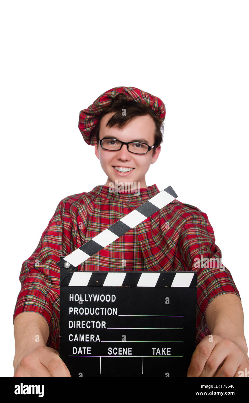 Funny scotsman with movie board on white Stock Photo - Alamy