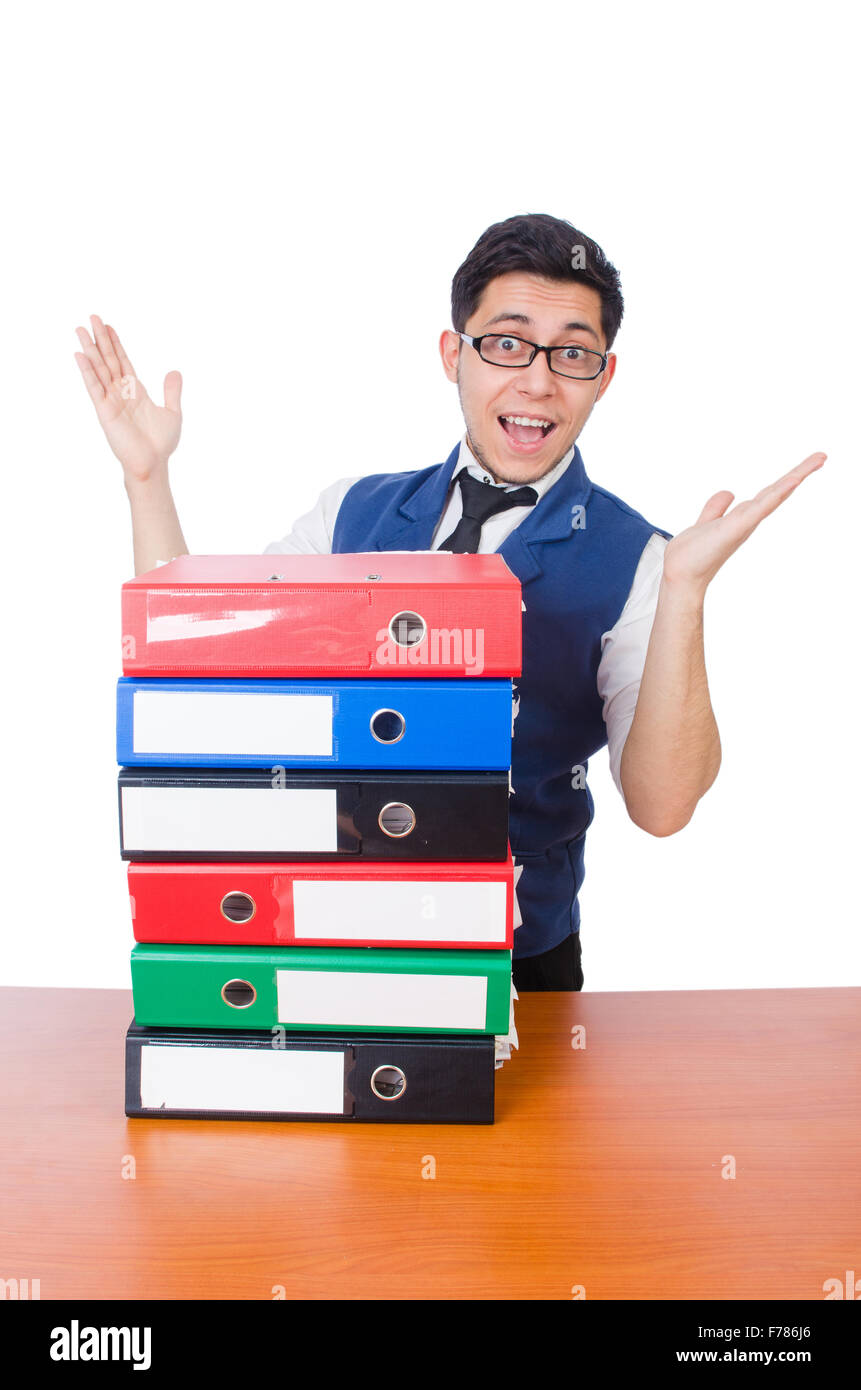 Funny man with lots of folders on white Stock Photo - Alamy