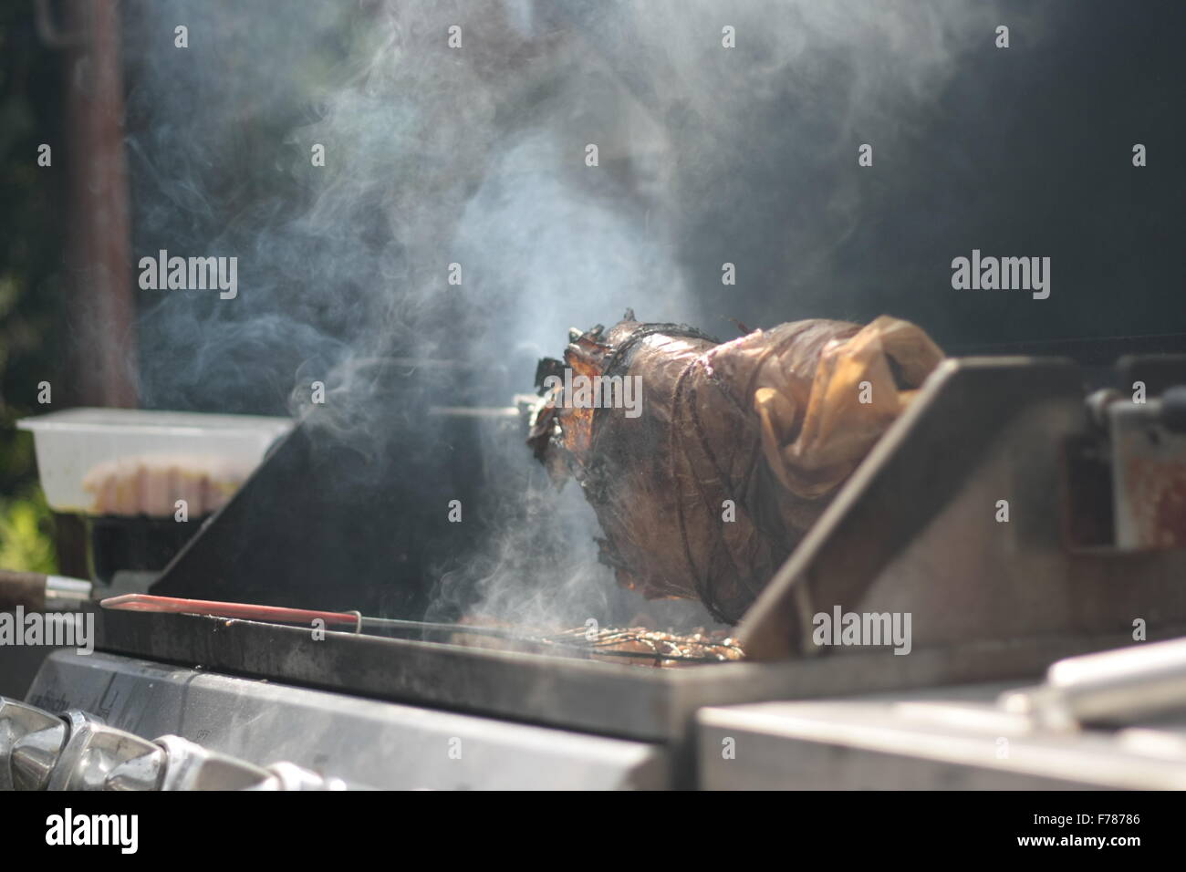 Food roasting on a barbecue with smoke and on a spit Stock Photo - Alamy