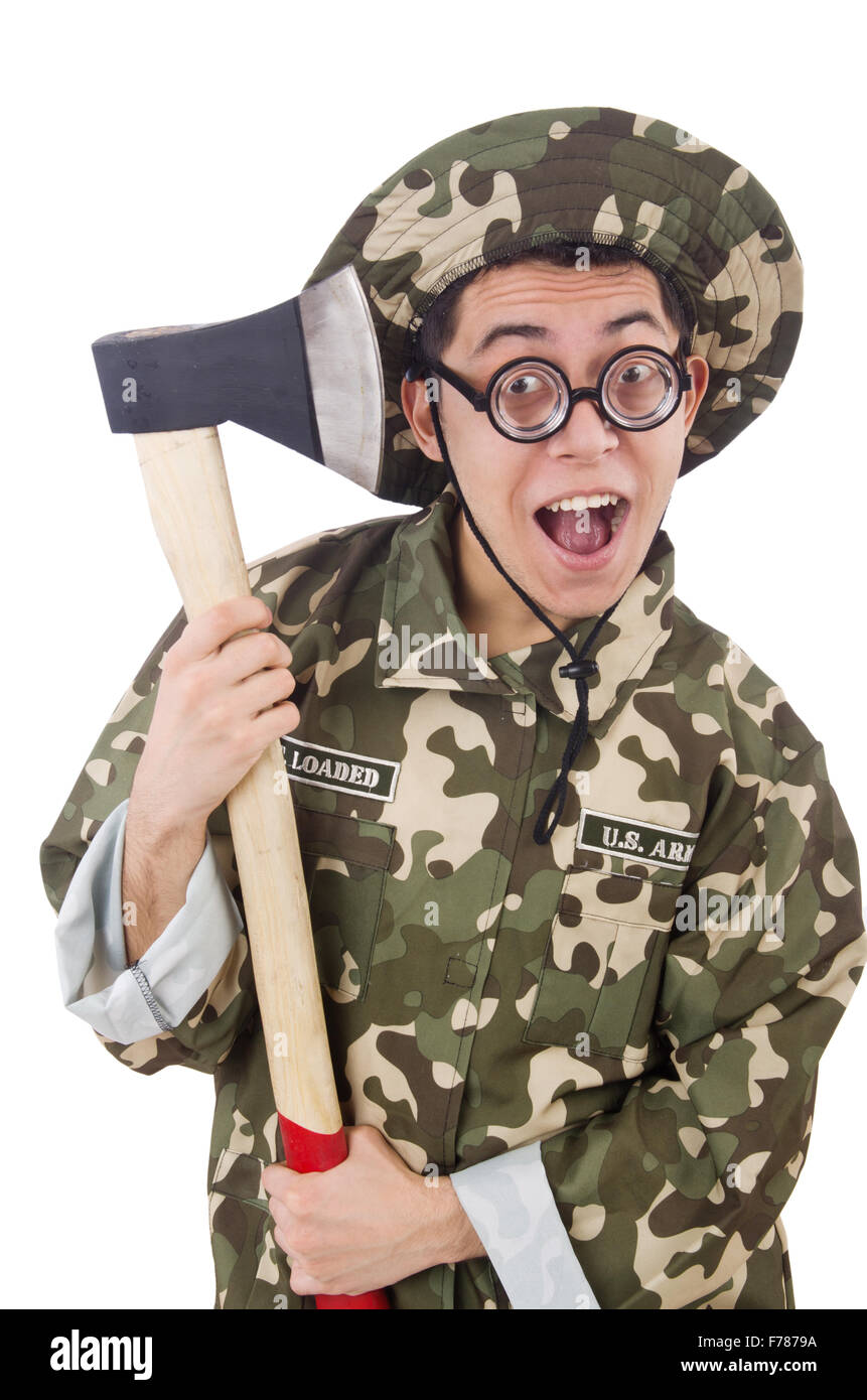 Funny soldier with the axe isolated on white Stock Photo - Alamy
