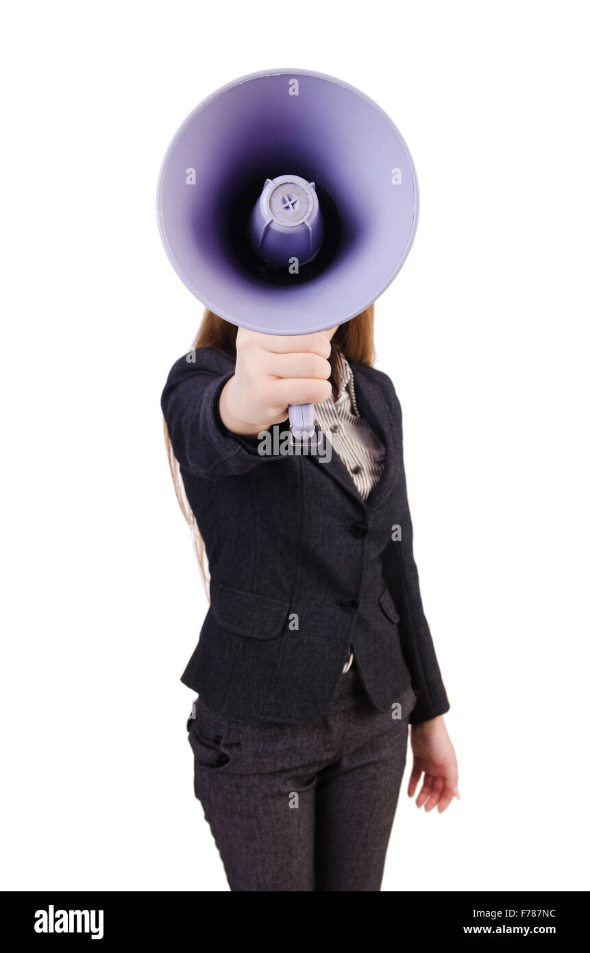 Woman with loudspeaker isolated on the white Stock Photo - Alamy