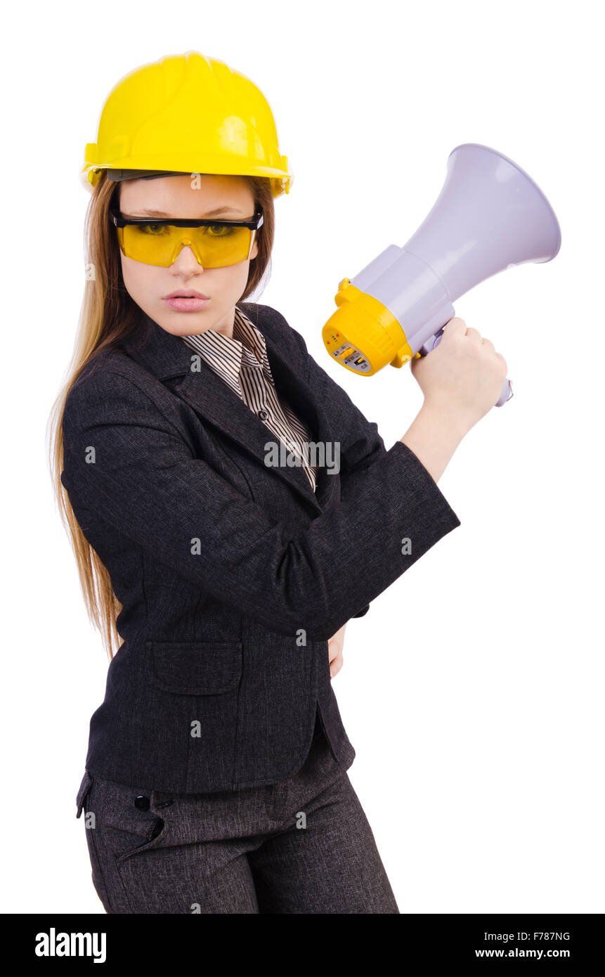 Female construction worker with loudspeaker isolated on white Stock ...