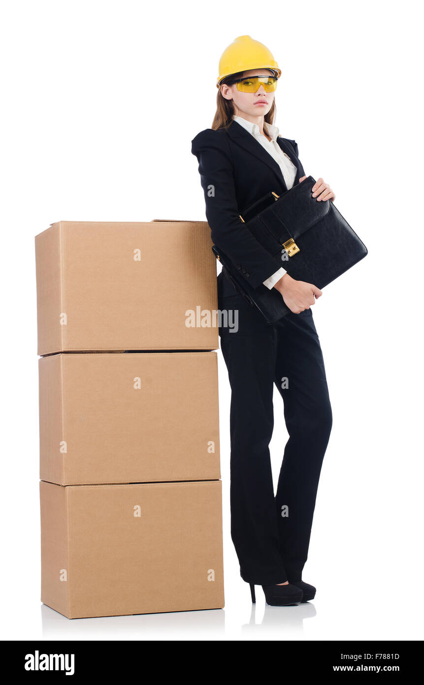 Young builder woman with boxes and bags isolated on white Stock Photo ...