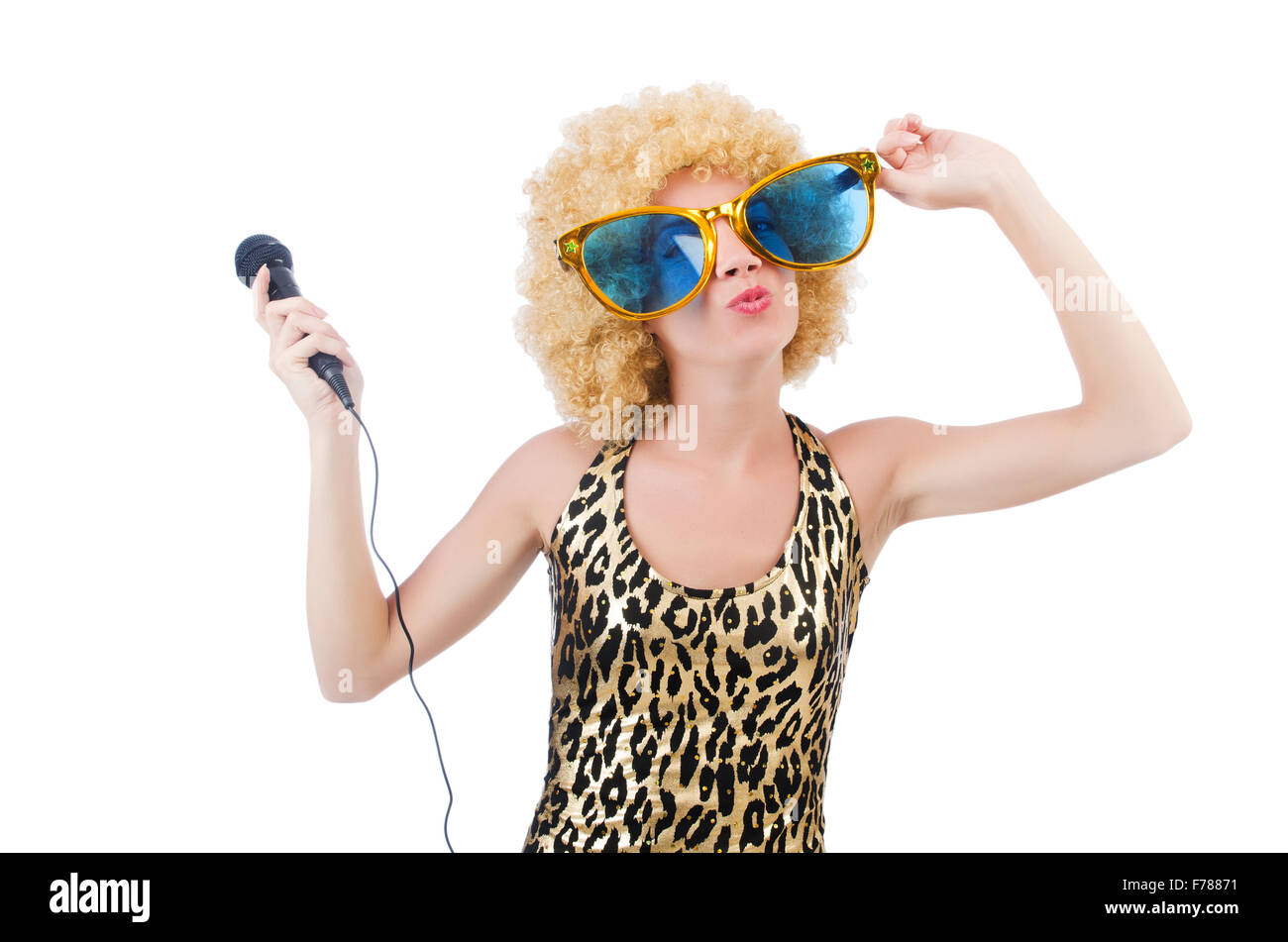 Funny singer woman with mic and sunglasses isolated on white Stock ...