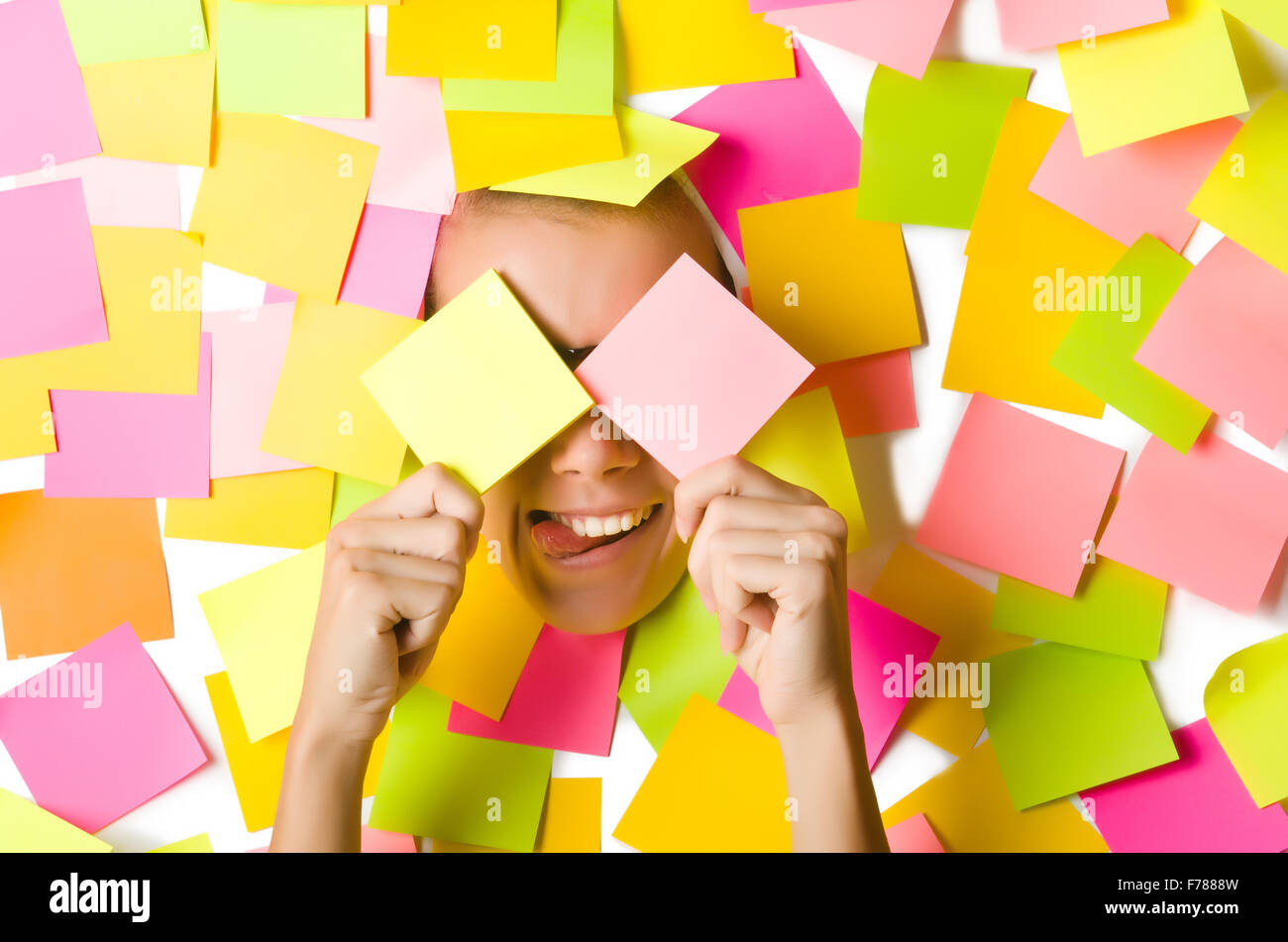 Woman with lots of reminders Stock Photo - Alamy