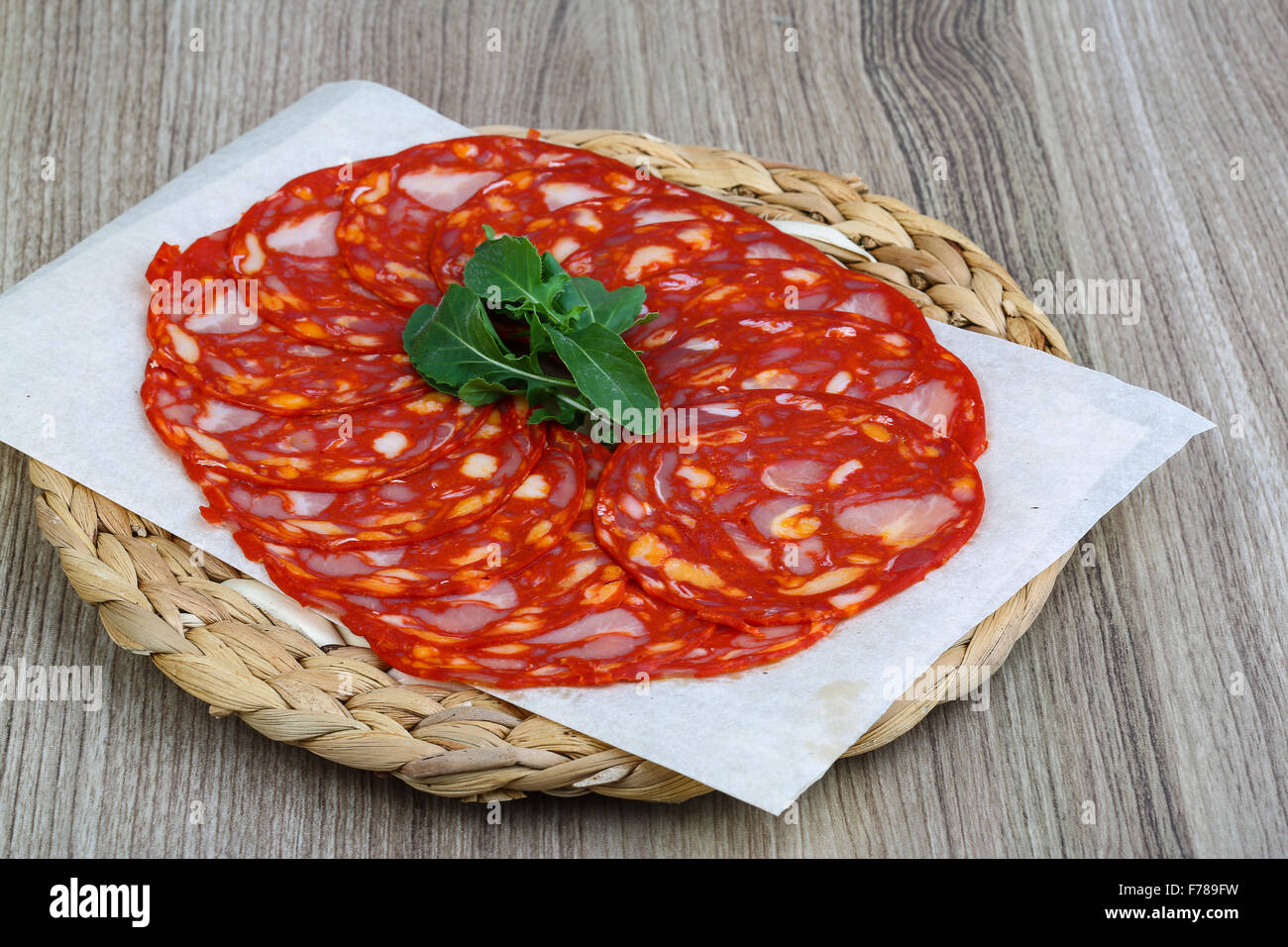 Traditional Spanish salami - Chorizo sausage on the wood background ...