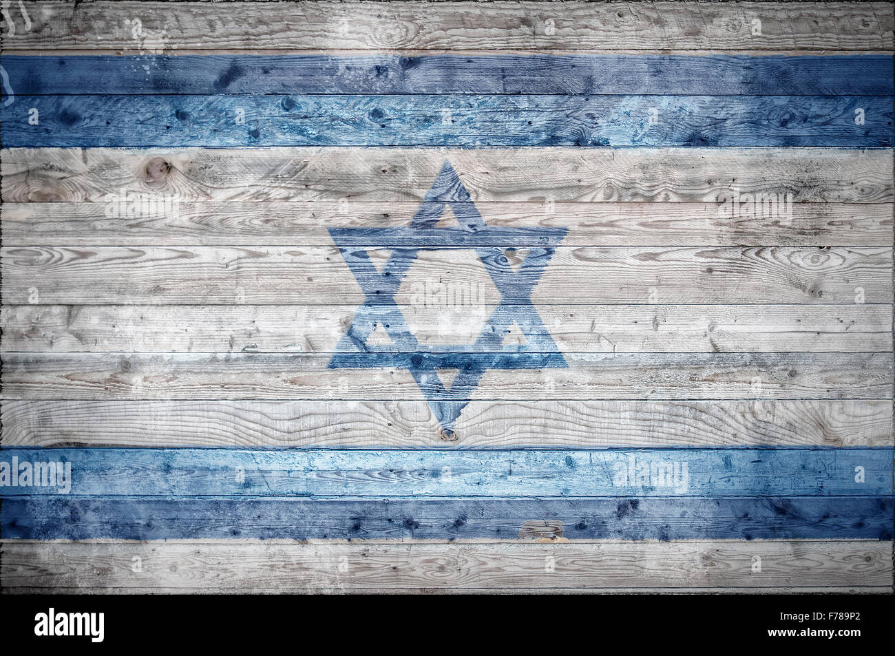 A vignetted background image of the flag of Israel painted onto wooden ...