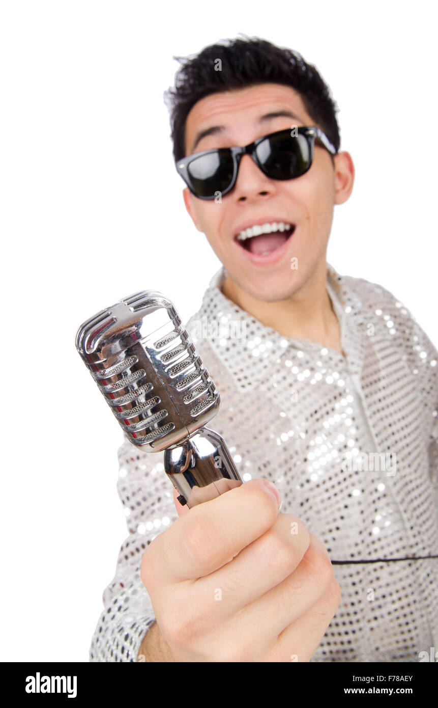 Man with mic isolated on white Stock Photo - Alamy