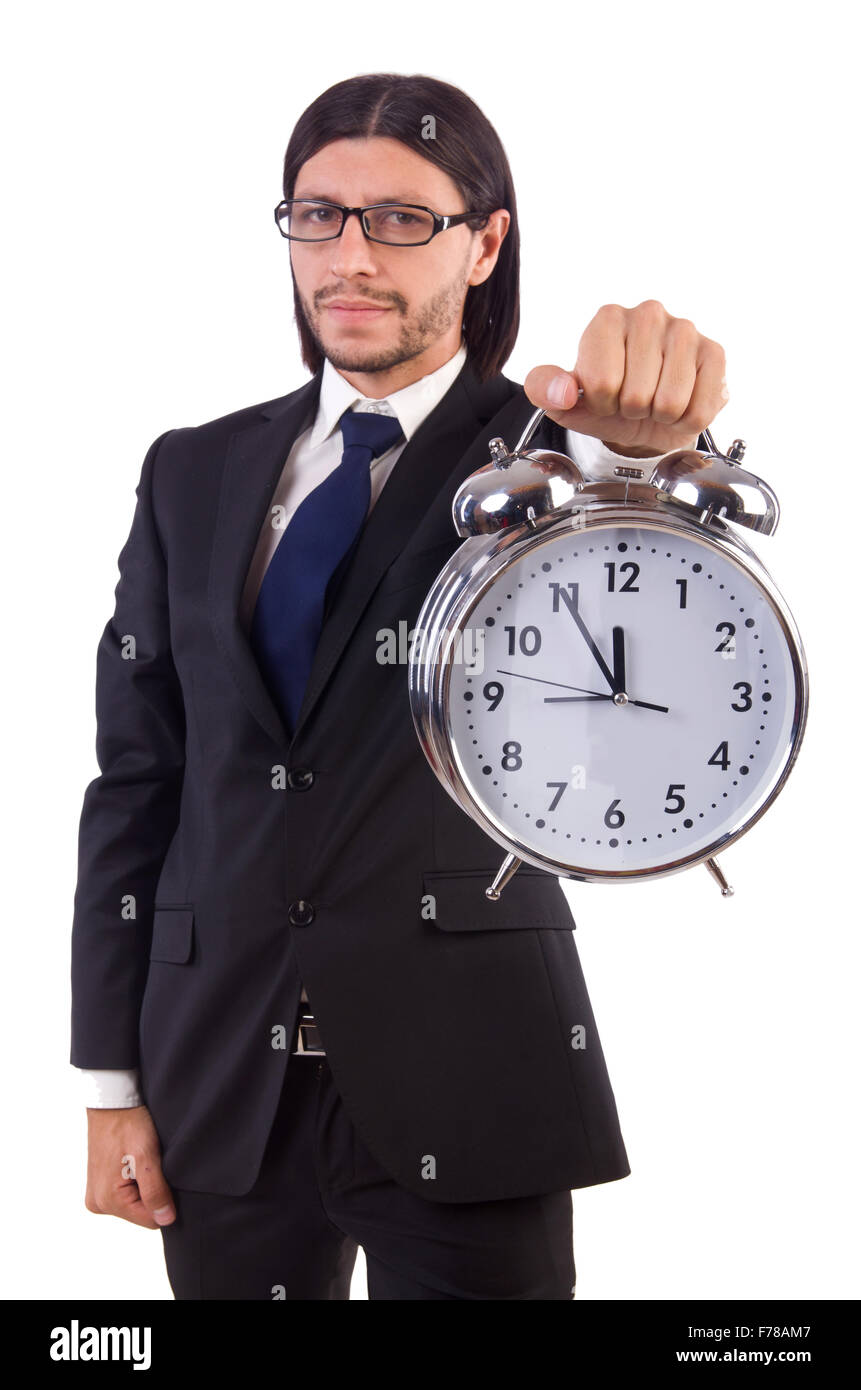Businessman with clock isolated on white Stock Photo - Alamy