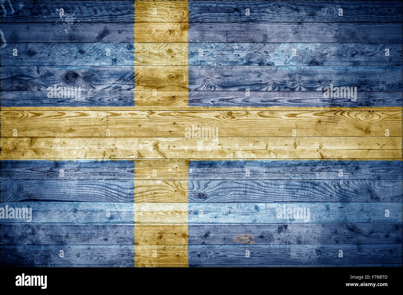 A vignetted background image of the flag of Sweden onto wooden boards ...