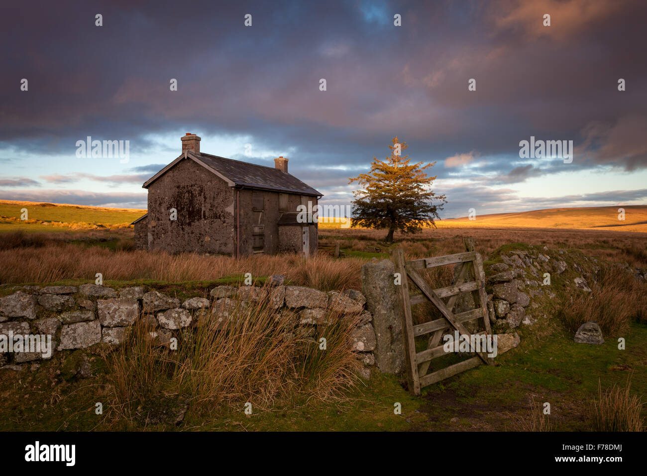 Old farmhouse on Dartmoor National Park, Devon, UK as the sun sets ...