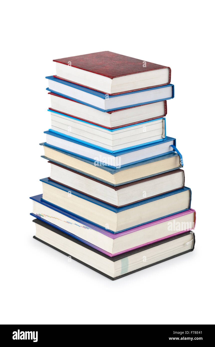 Books in high stack isolated on white Stock Photo - Alamy