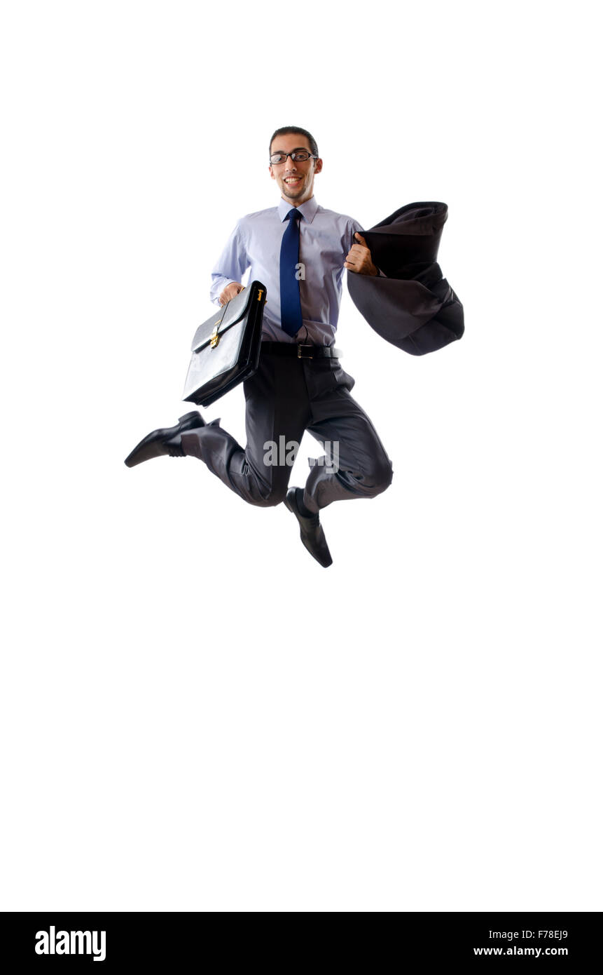 Jumping businessman isolated on white Stock Photo - Alamy