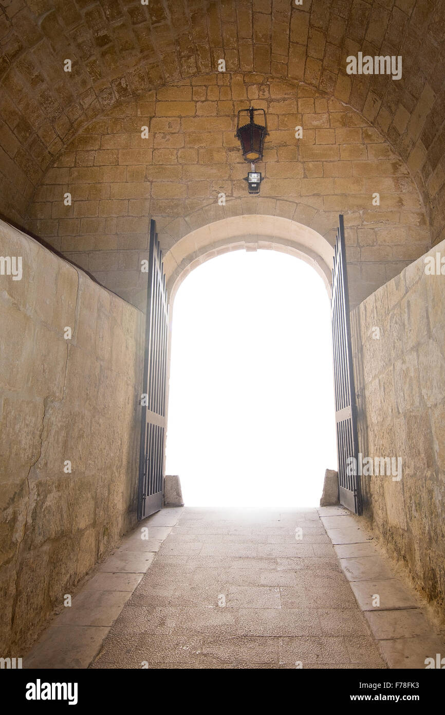 Vaulted old medieval stone hall with iron gate opening into bright ...