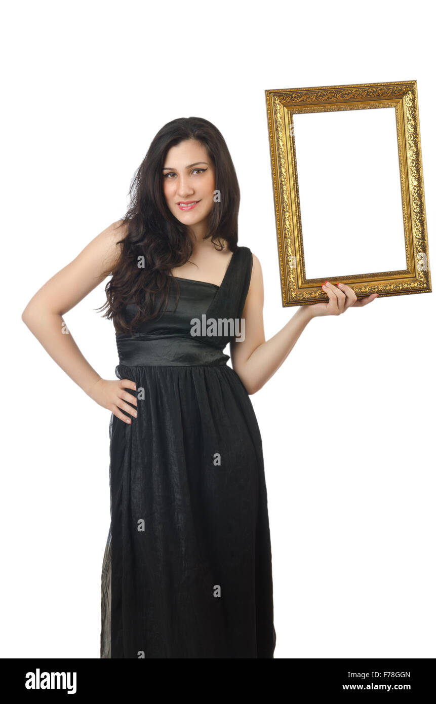 Woman with picture frame on white Stock Photo - Alamy