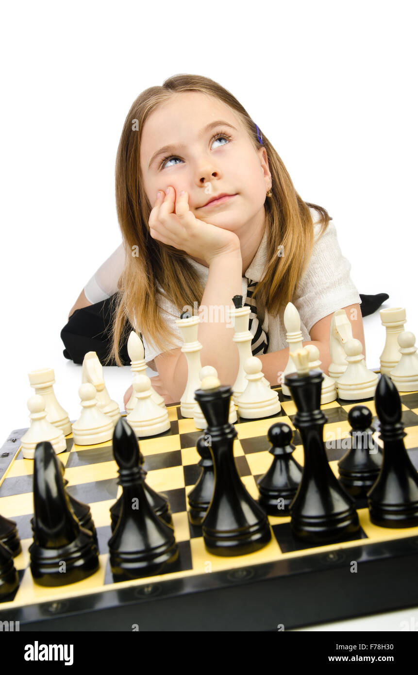 Cute girl playing chess on white Stock Photo - Alamy