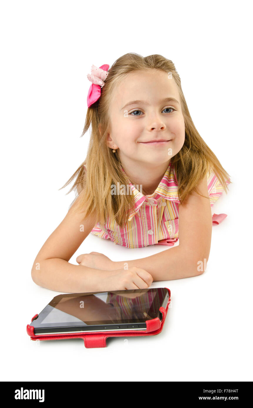 Little girl with tablet on white Stock Photo - Alamy