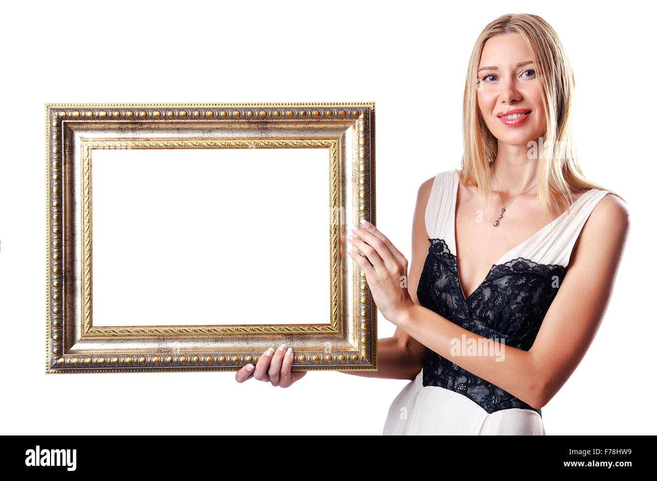 Young woman with picture frame on white Stock Photo - Alamy