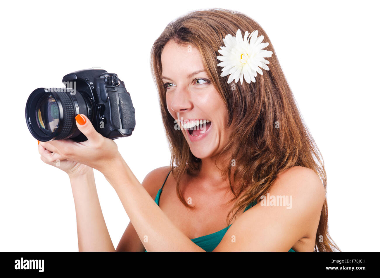 Attractive female photographer on white Stock Photo - Alamy