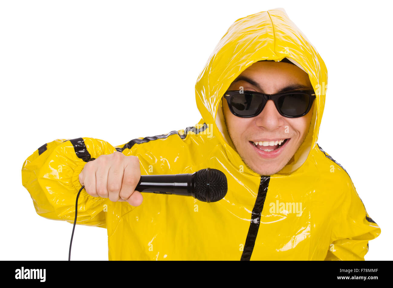 Funny performer with mic isolated on the white Stock Photo - Alamy