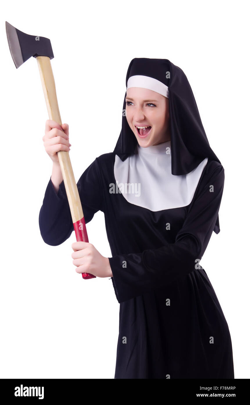 Nun with axe isolated on white Stock Photo - Alamy