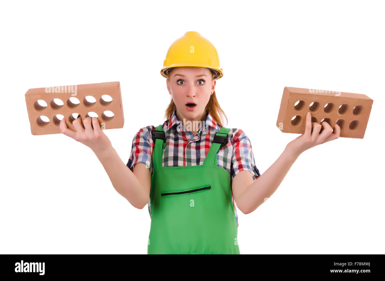 Woman with bricks isolated on white Stock Photo - Alamy