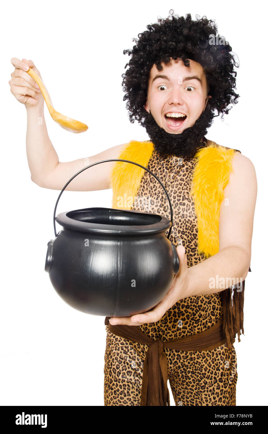 Funny caveman with pot isolated on white Stock Photo - Alamy