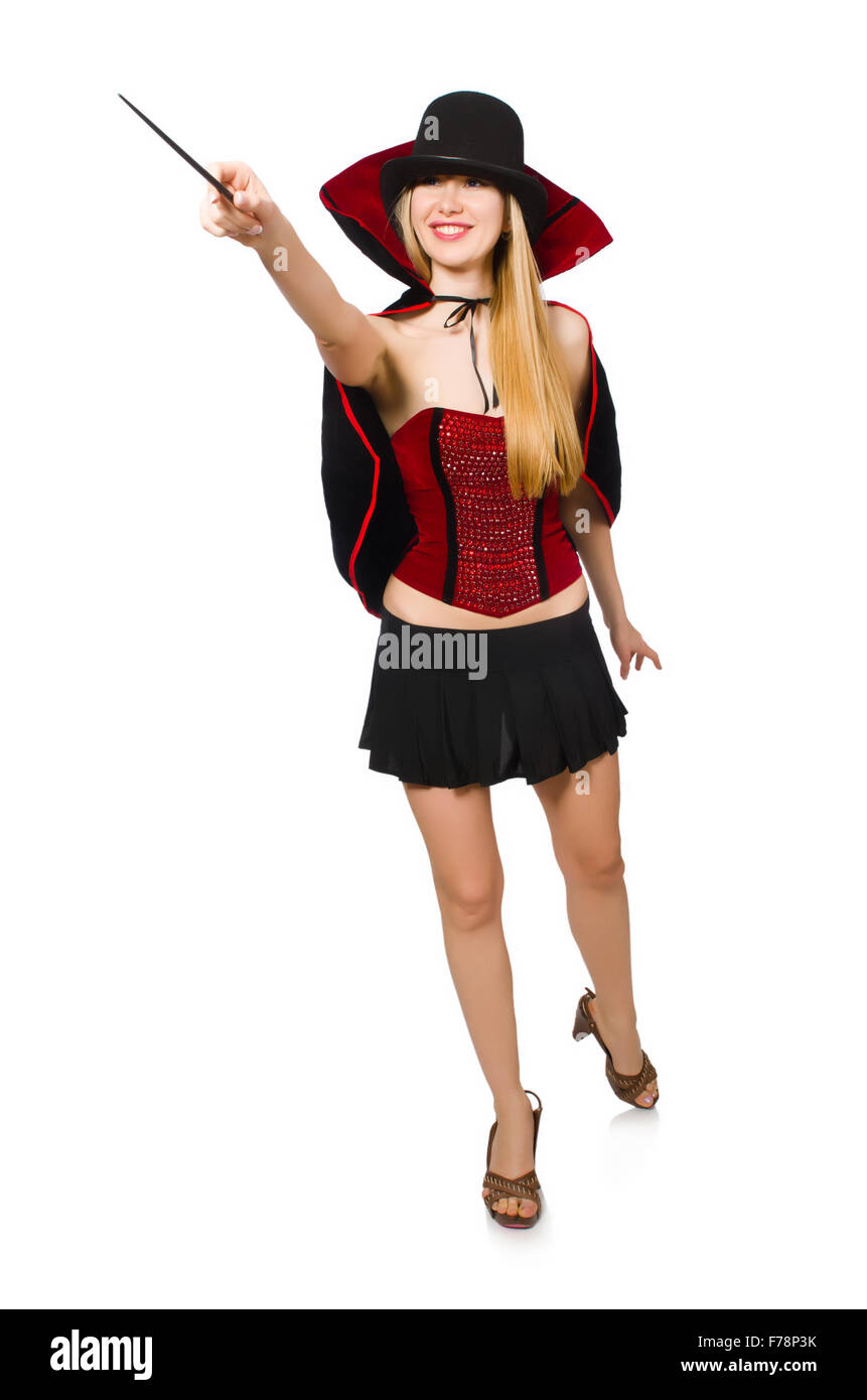 Woman magician with magic wand on white Stock Photo - Alamy