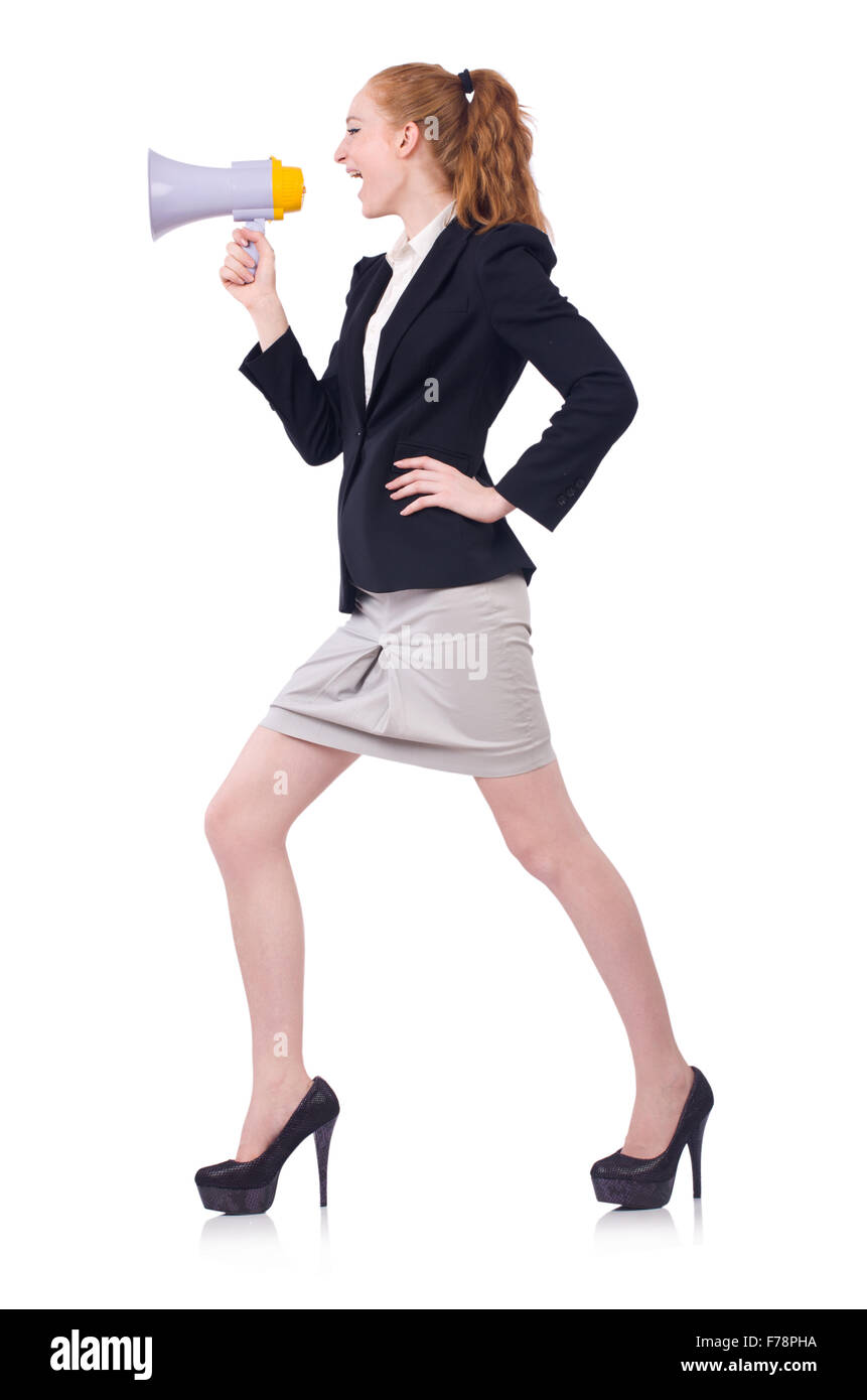 Woman with loudspeaker isolated on the white Stock Photo - Alamy