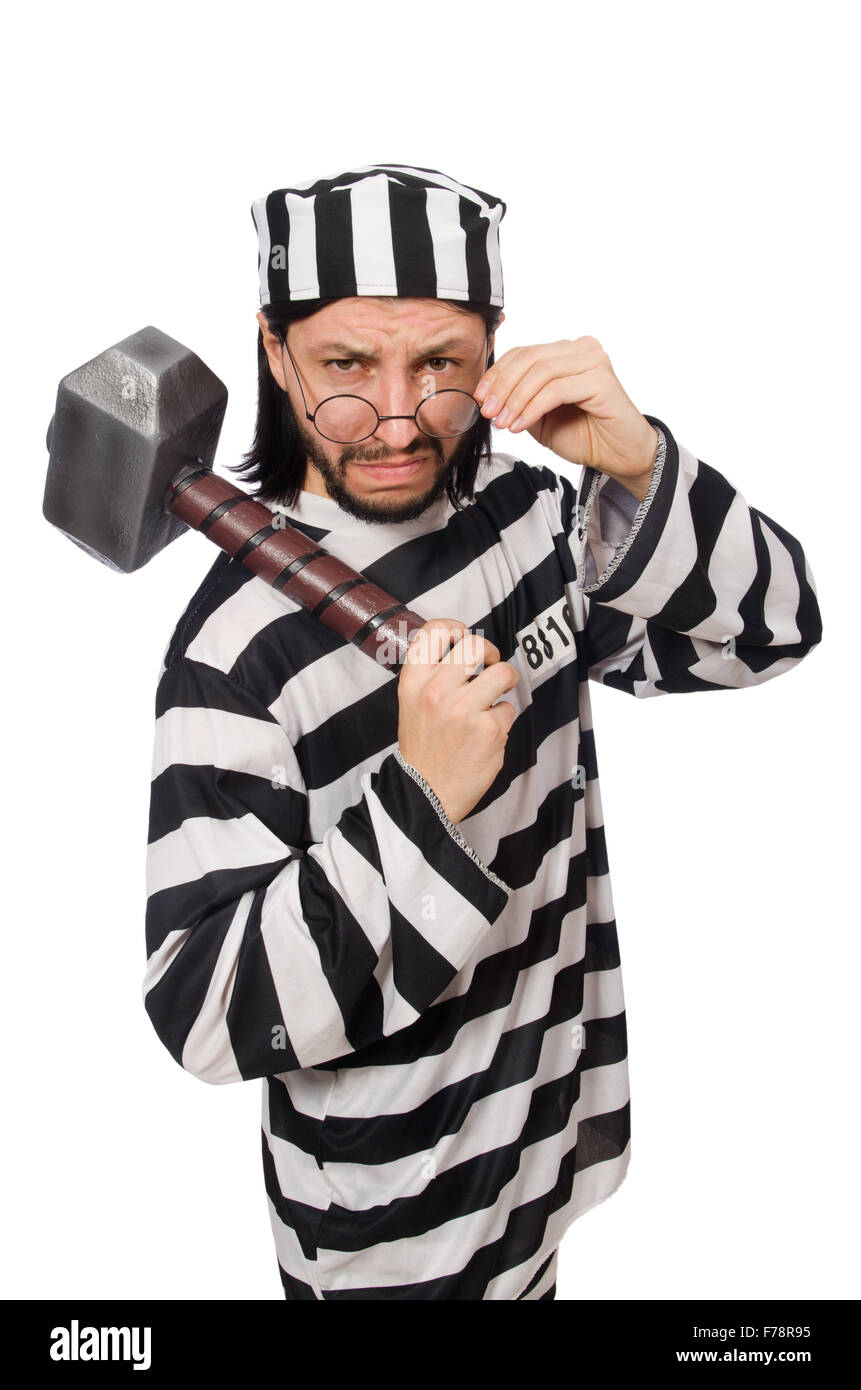 Prison inmate with hammer isolated on white Stock Photo - Alamy