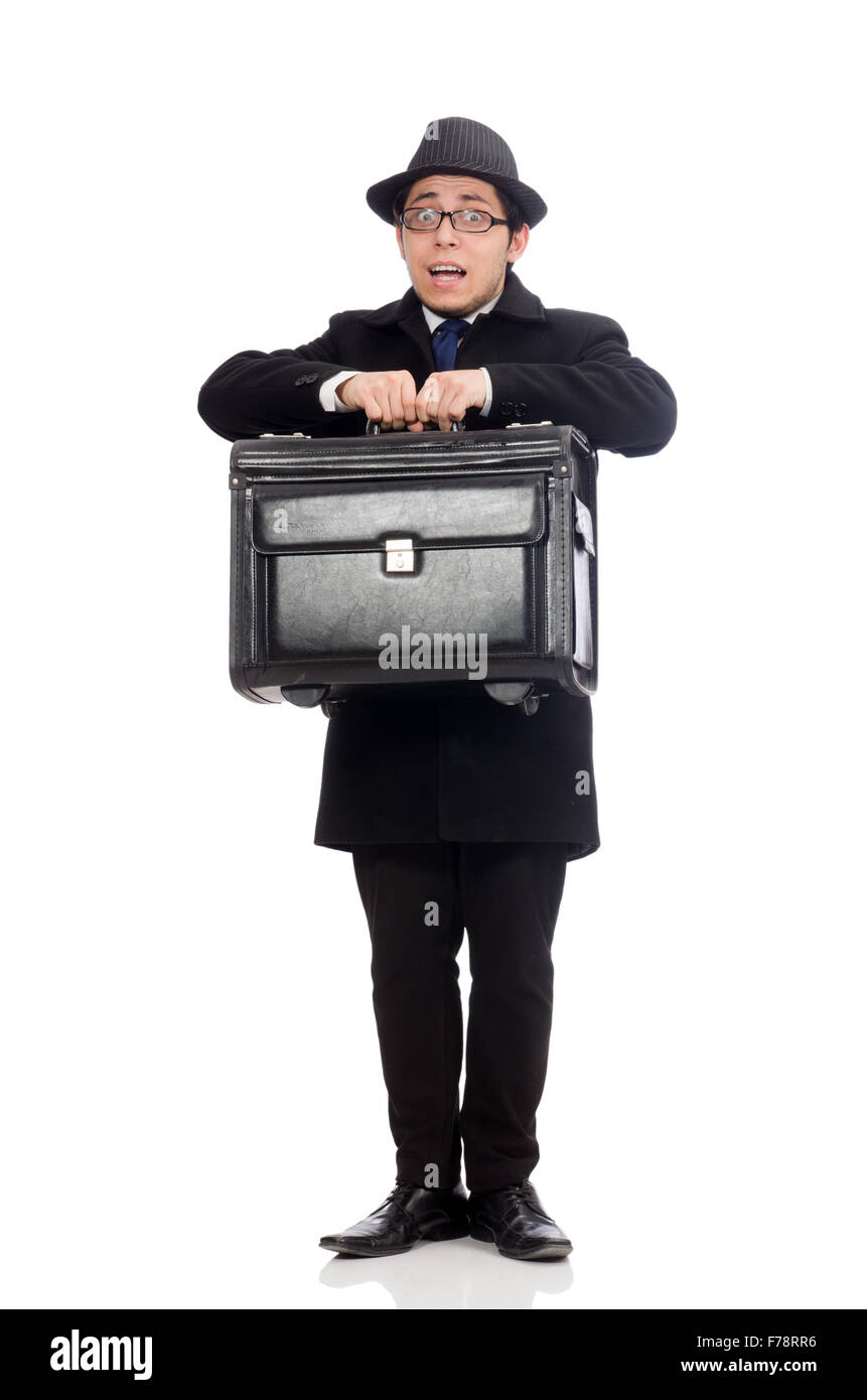 Young man holding suitcase isolated on white Stock Photo - Alamy