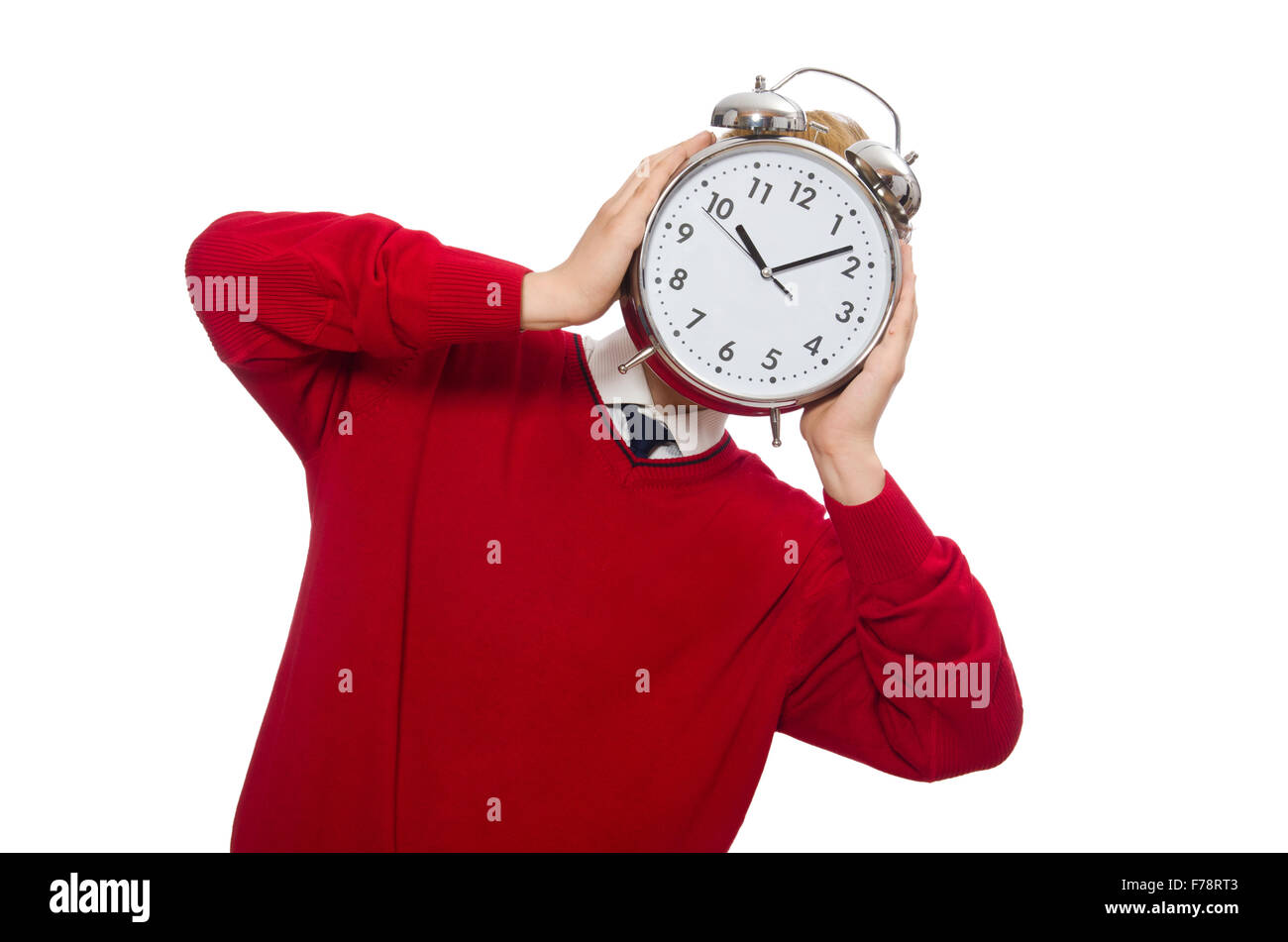 Student with alarm clock isolated on white Stock Photo - Alamy
