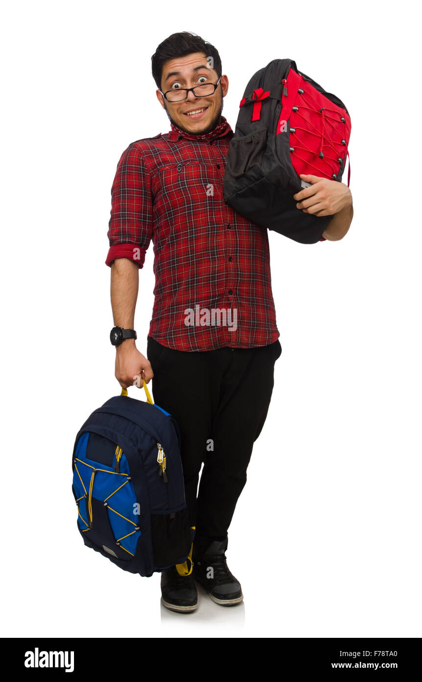 Young man with bags isolated on white Stock Photo - Alamy