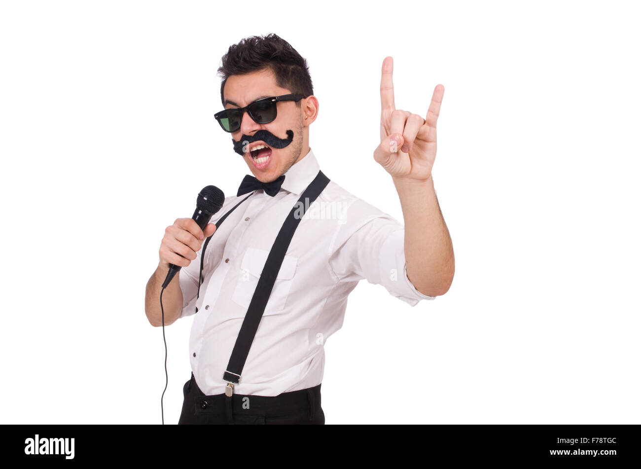 Funny man with mic isolated on white Stock Photo - Alamy