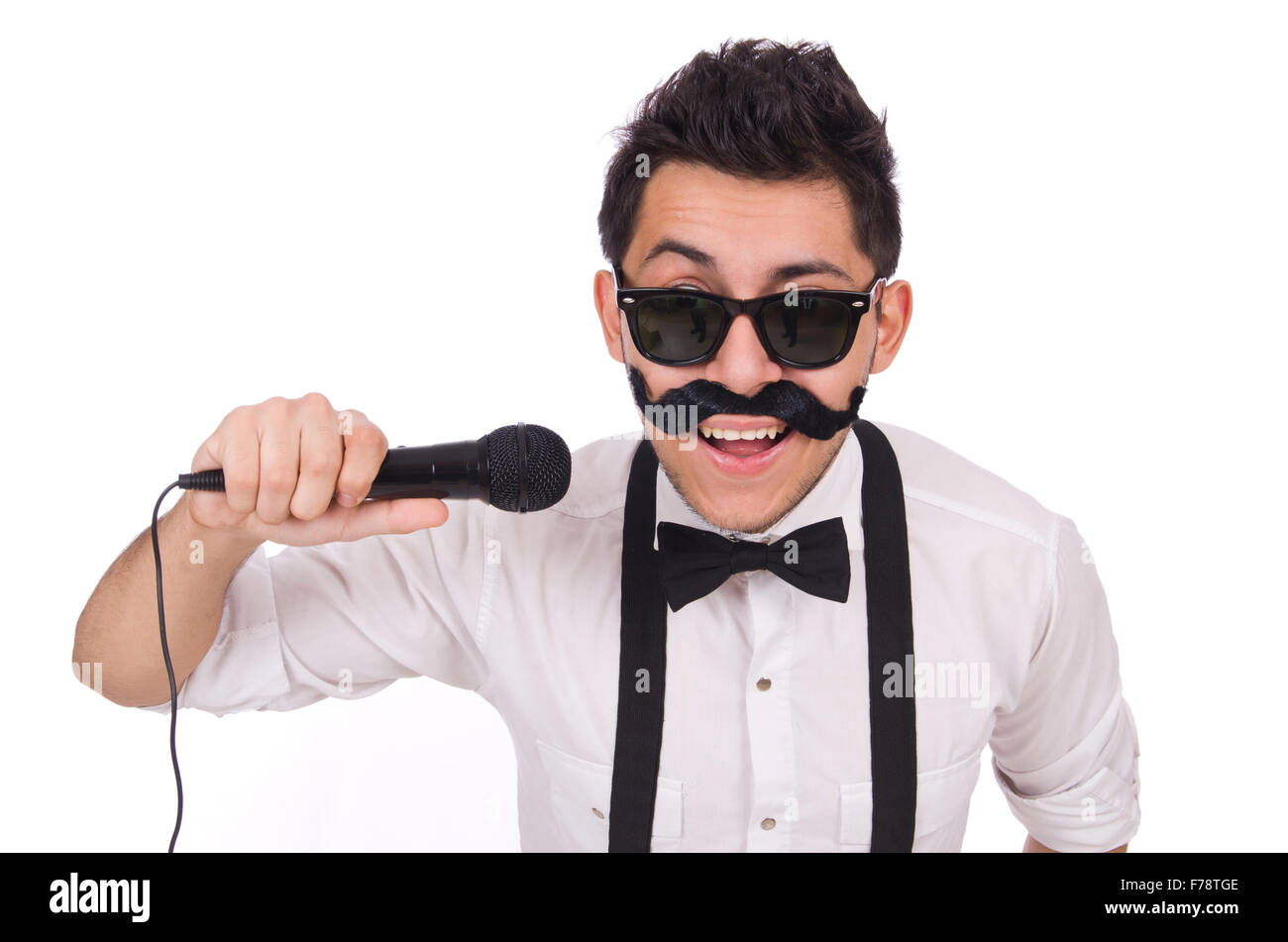 Funny man with mic isolated on white Stock Photo - Alamy