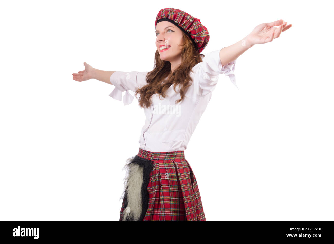 Pretty girl in plaid red clothing isolated on white Stock Photo - Alamy
