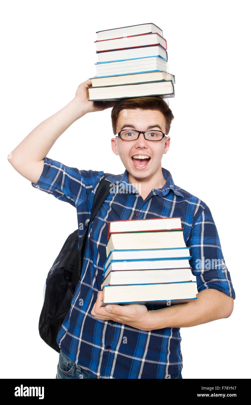 Funny student with stack of books Stock Photo - Alamy