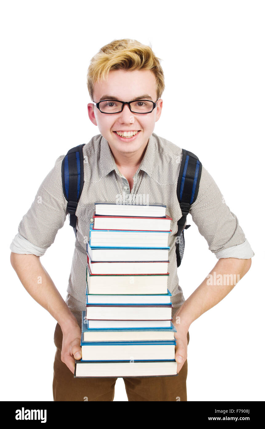 Funny student with stack of books Stock Photo - Alamy
