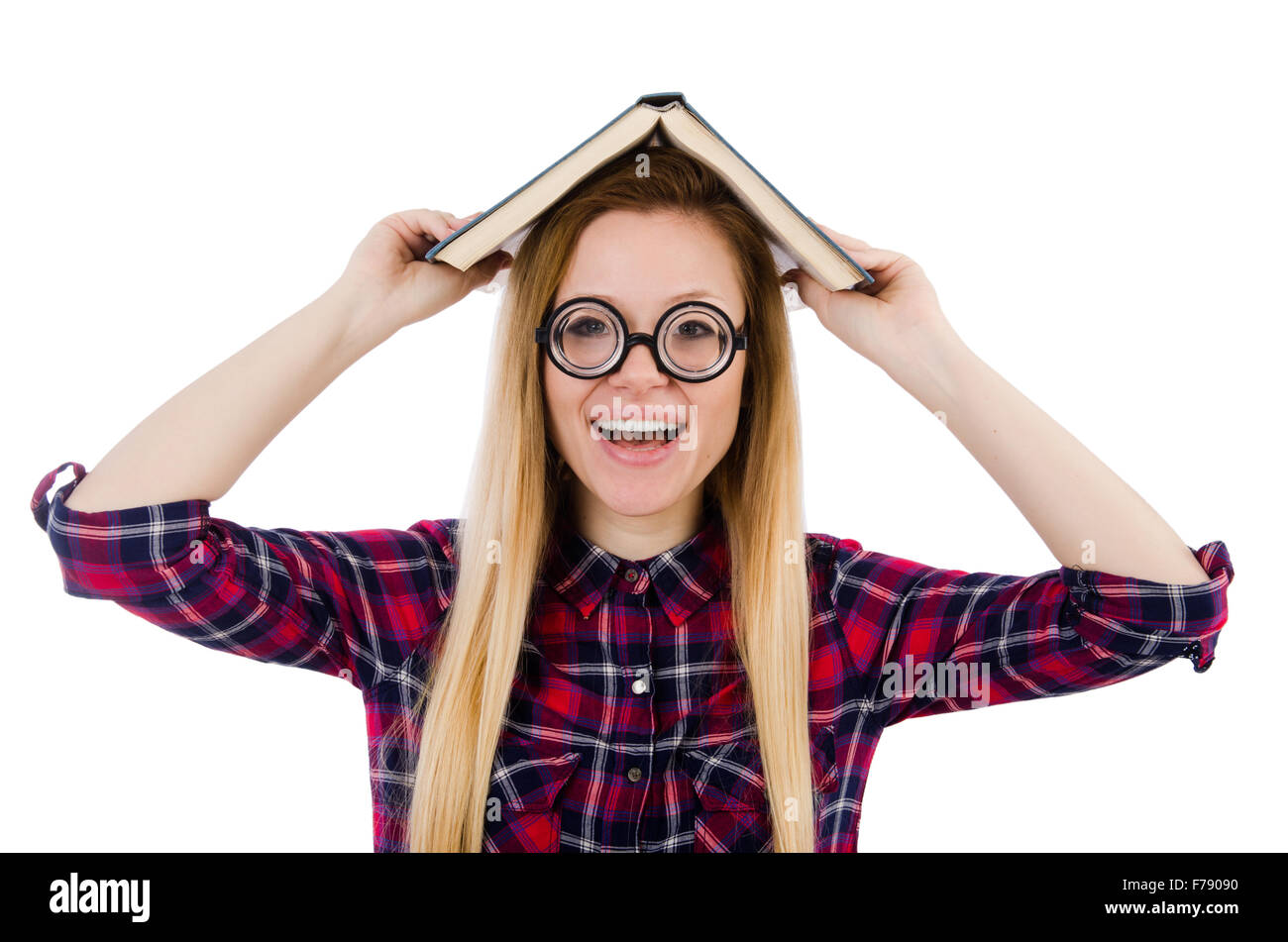 Funny student with stack of books Stock Photo - Alamy