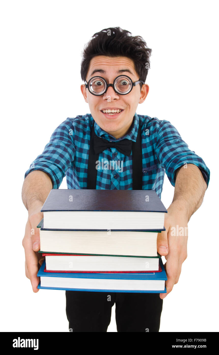 Funny student with stack of books Stock Photo - Alamy