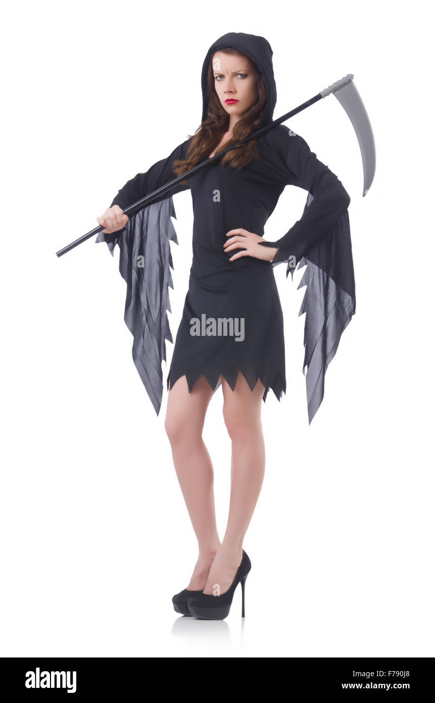 Woman in halloween concept with scythe Stock Photo - Alamy