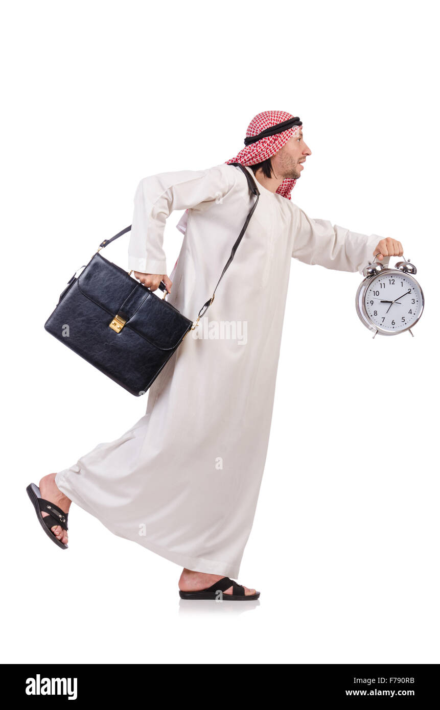 Arab man in time concept on white Stock Photo - Alamy