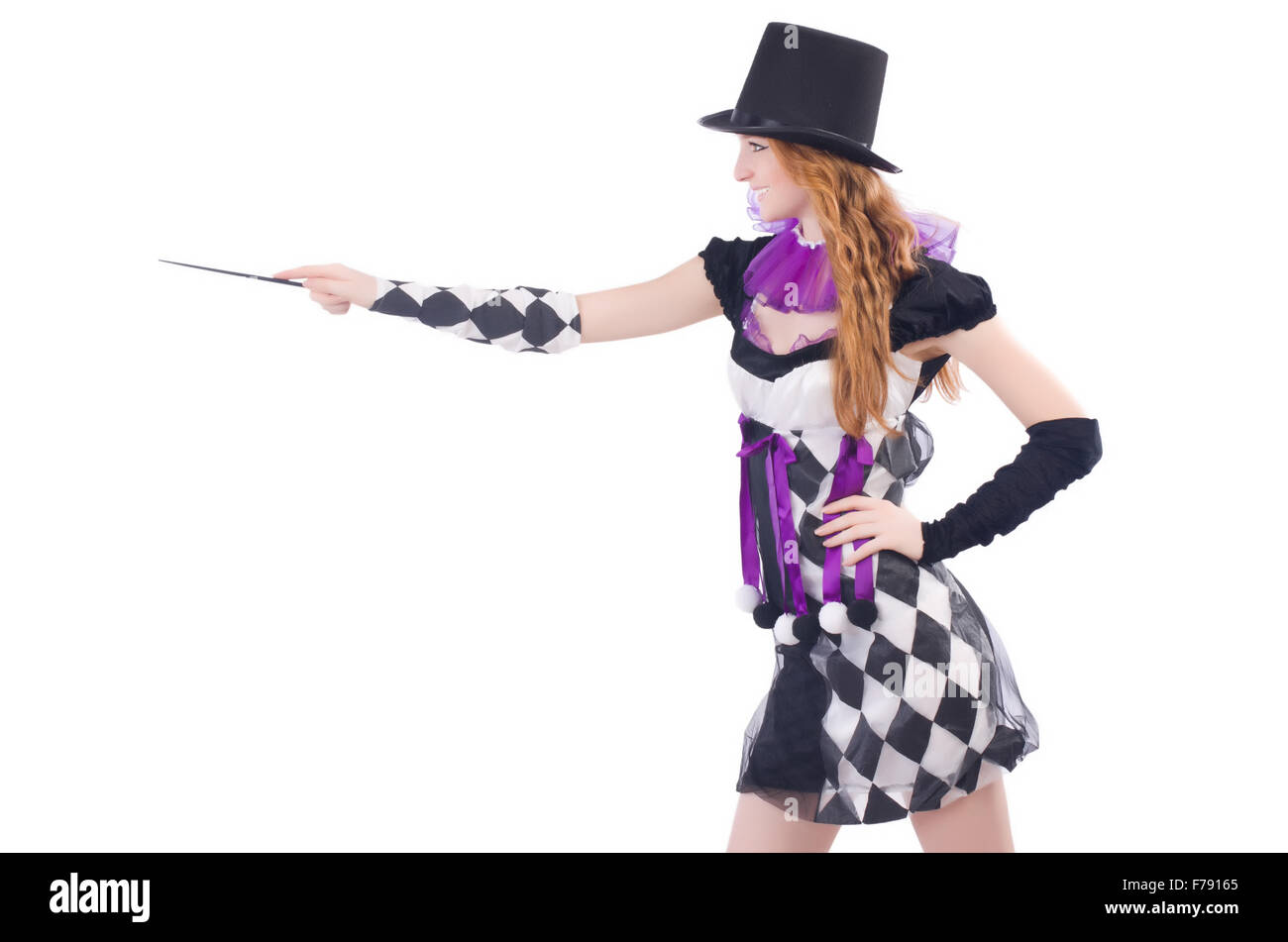 Magician woman with wand on white Stock Photo - Alamy