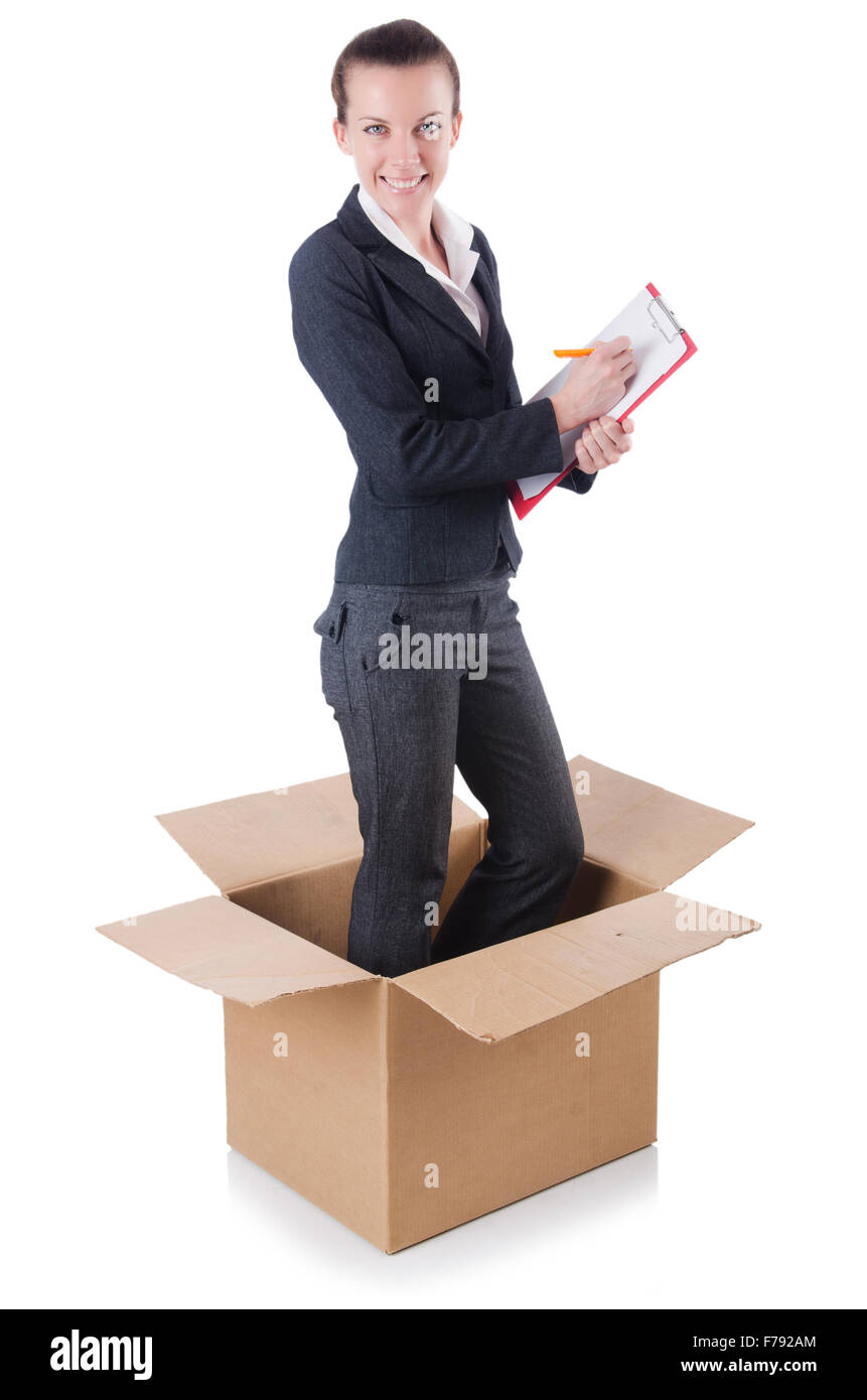Woman with paper pad out of box Stock Photo - Alamy