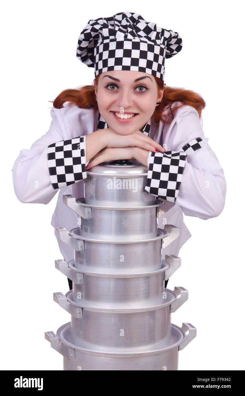 Cook with stack of pots on white Stock Photo - Alamy