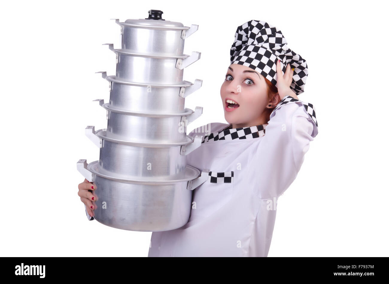Cook with stack of pots on white Stock Photo - Alamy